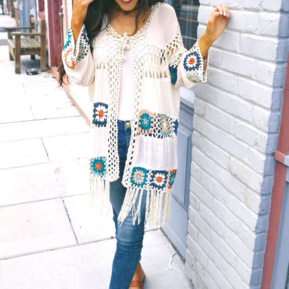 Listicle | Sweaters | Listicle Hadley Boho Fringed Crochet Granny ...